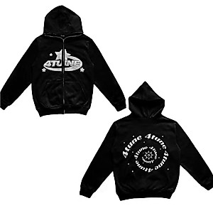 ukoyhga Star Letter Print Hoodie Men Retro Zip Up Long Sleeve Loose Jacket Coats Harajuku Casual Gothic Hooded Sweatshirt Y2K Streetwear