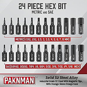 PAKNMAN 25-Piece Hex Head Allen Wrench Drill Bit Set, 1/4”Magnetic Extension, Metric and SAE S2 Steel Hex Bits Set, 1" Long