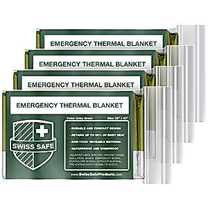 Swiss Safe Emergency Blankets for Survival Kit - Mylar Thermal Blankets - NASA-Designed Body Warmer for Camping, Hiking & Outdoor Activities, Bug Out Bag - 4 Pack w/Bonus Gold Foil Space Blanket Fit