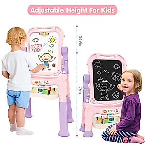 Amagoing Easel for Kids, Adjustable Standing Art Easel for Toddler, Double Magnetic Drawing Board with Painting Accessories, Birthday Christmas Gift for Little Boys and Girls, Middle Size Pink