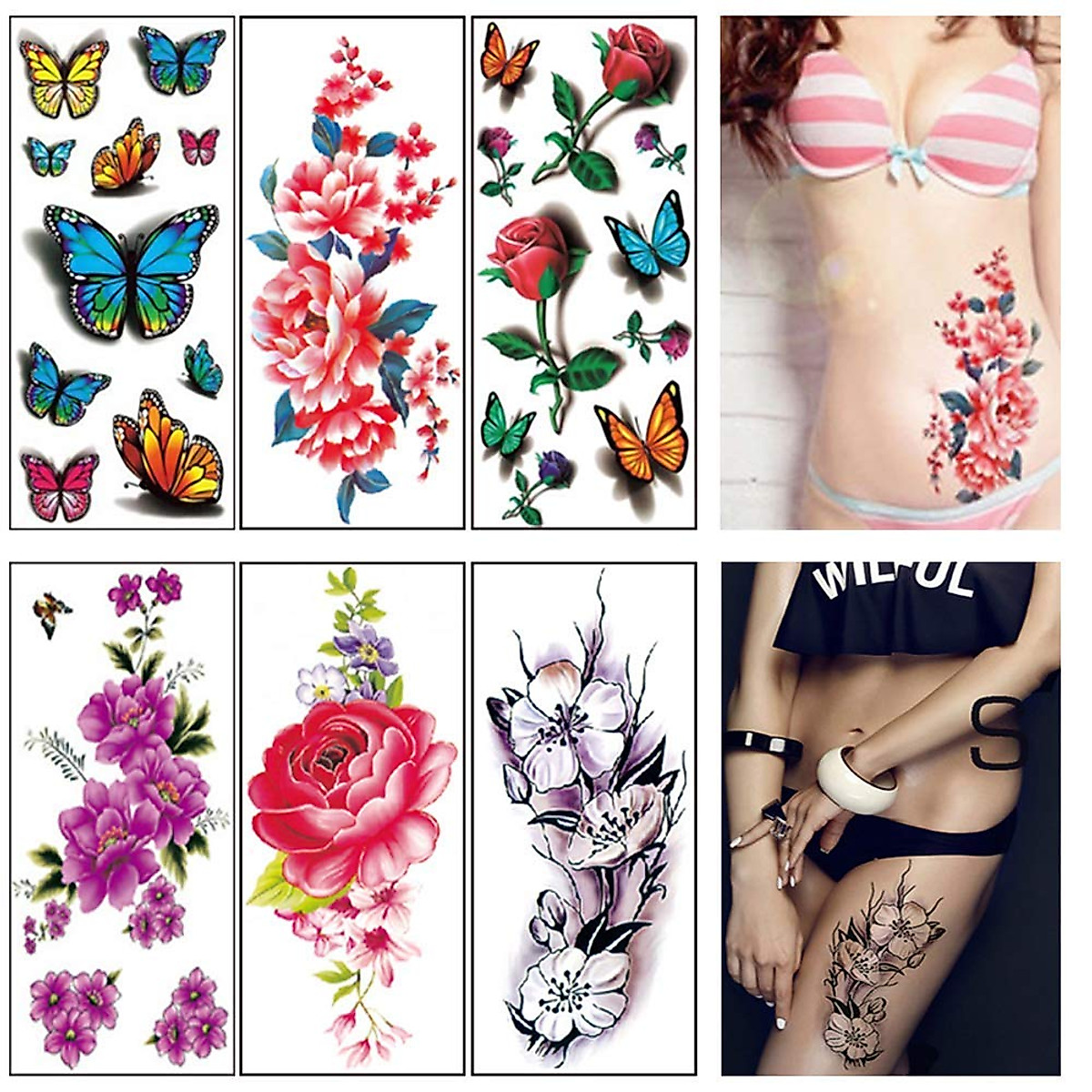 Flower Temporary Tattoos for Women Adults 3D Butterfly Rose Tattoo Sexy Fake Tattoo Stickers Waterproof Body Art Temp Tattoo Paper Colored Floral Lily Lotus Peony Festival Makeup Tattoo 12 Sheets