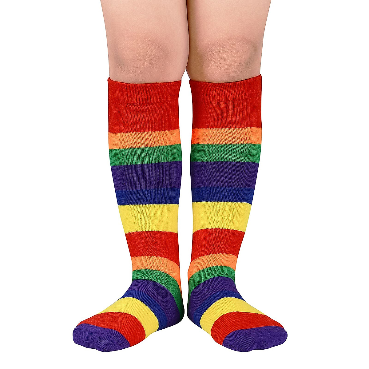 American Trends Toddler Soccer Socks Stripes Knee High Tube Socks Cotton Uniform Sports Socks for Toddler Girls 1 Pack Colorful Rainbow