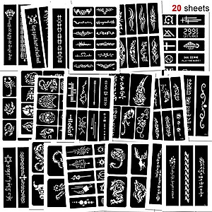 Konsait 123pcs Large Temporary Tattoos Stencils, 20 Sheets Boys and Man Glitter Tattoo Kit Templates Face Painting Stencil Body Art Stencil Pack for Adults Girls Women Kids Teenager Adultssigns