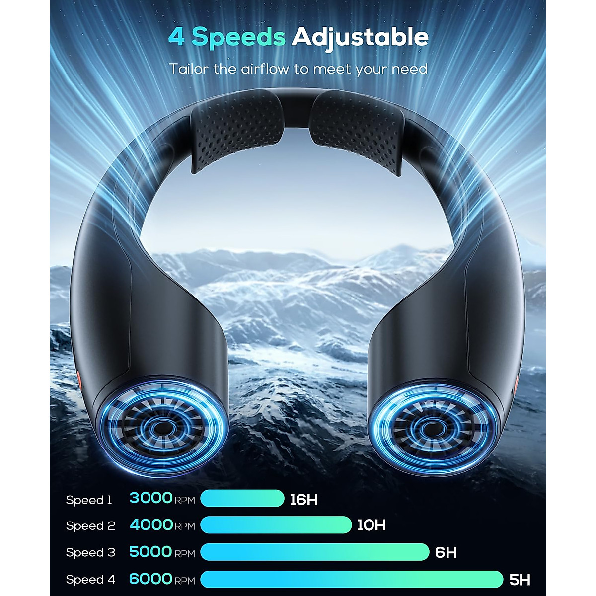 RfLety Portable Neck Fan 2 Pack, Hands-Free Wearable Personal Fan, 360° Cooling, 4 Speeds, 8000 mAh Battery Operated, Rechargeable, Gifts for Women Men, Suitable for Outdoor, Indoor, Travel-Black