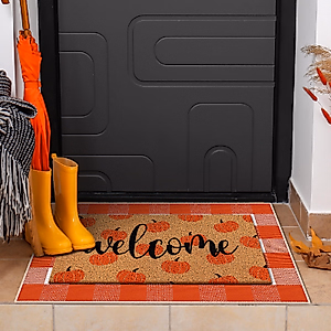 Moucuny 2 Pcs Thanksgiving Doormat Pumpkin Welcome Door Mat Fall Autumn Non Slip Outdoor Coir Floor Mat Orange and White Plaid Checked Rug for Indoor Outdoor Decorative Front Porch Entrance Layering
