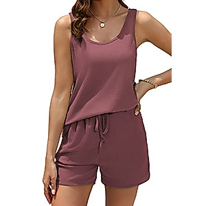 Andeip Waffle Knit Pajama Sets for Women Breathable Lounge Sets Sleeveles Top and Elastic Shorts pj Set Red L