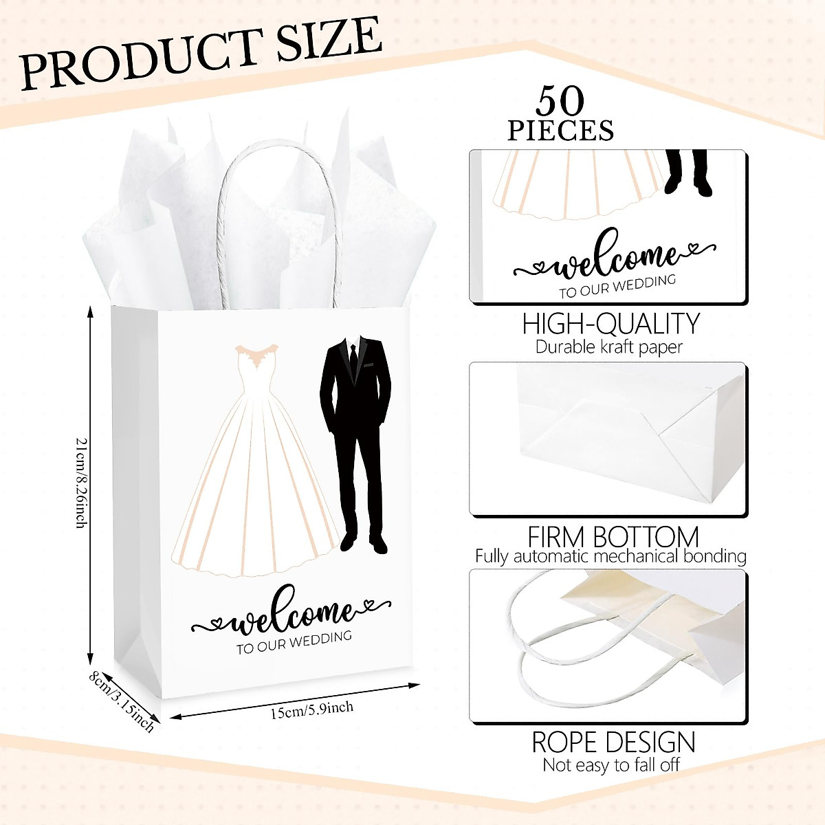 Zhanmai 50 Sets Wedding Welcome Bags with 50 Sheets Tissue Paper Wedding Favor Bags Welcome to Our Wedding Gift Bags Wedding Party Gift Bags with Handles for Wedding Guests,5.91 x 3.15 x 8.27 Inches