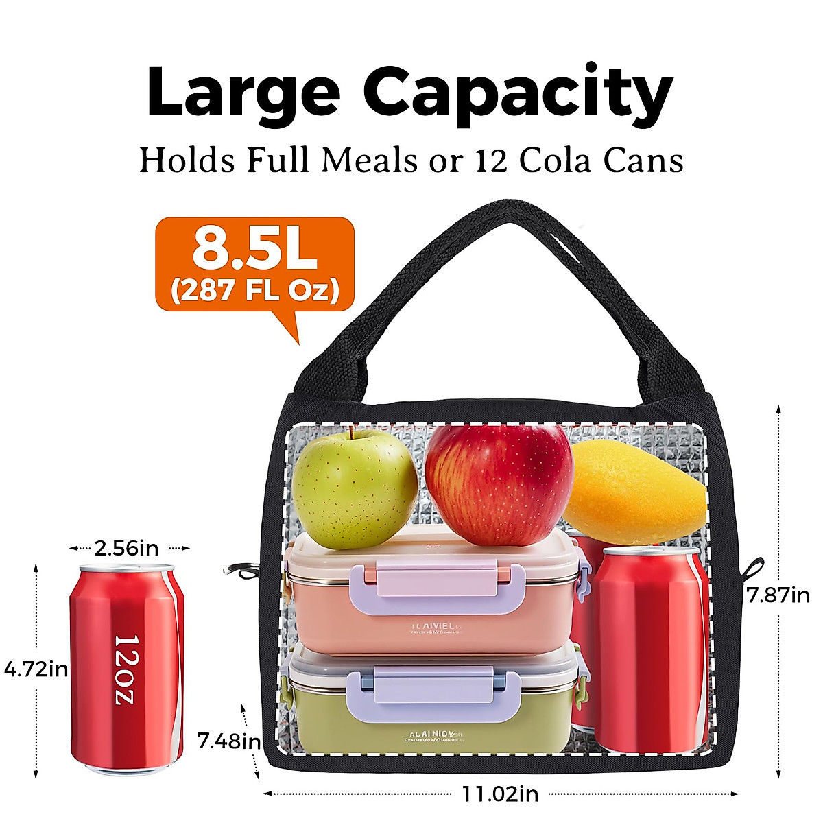 Aosbos Black Lunch Bag Women Teens Insulated Lunch Box Men Adult Lunchbox Lunch Tote Reusable Meal Prep Container Bag Bento Box Cooler Bag for Work Office Picnic Loncheras Para Hombres Mujer