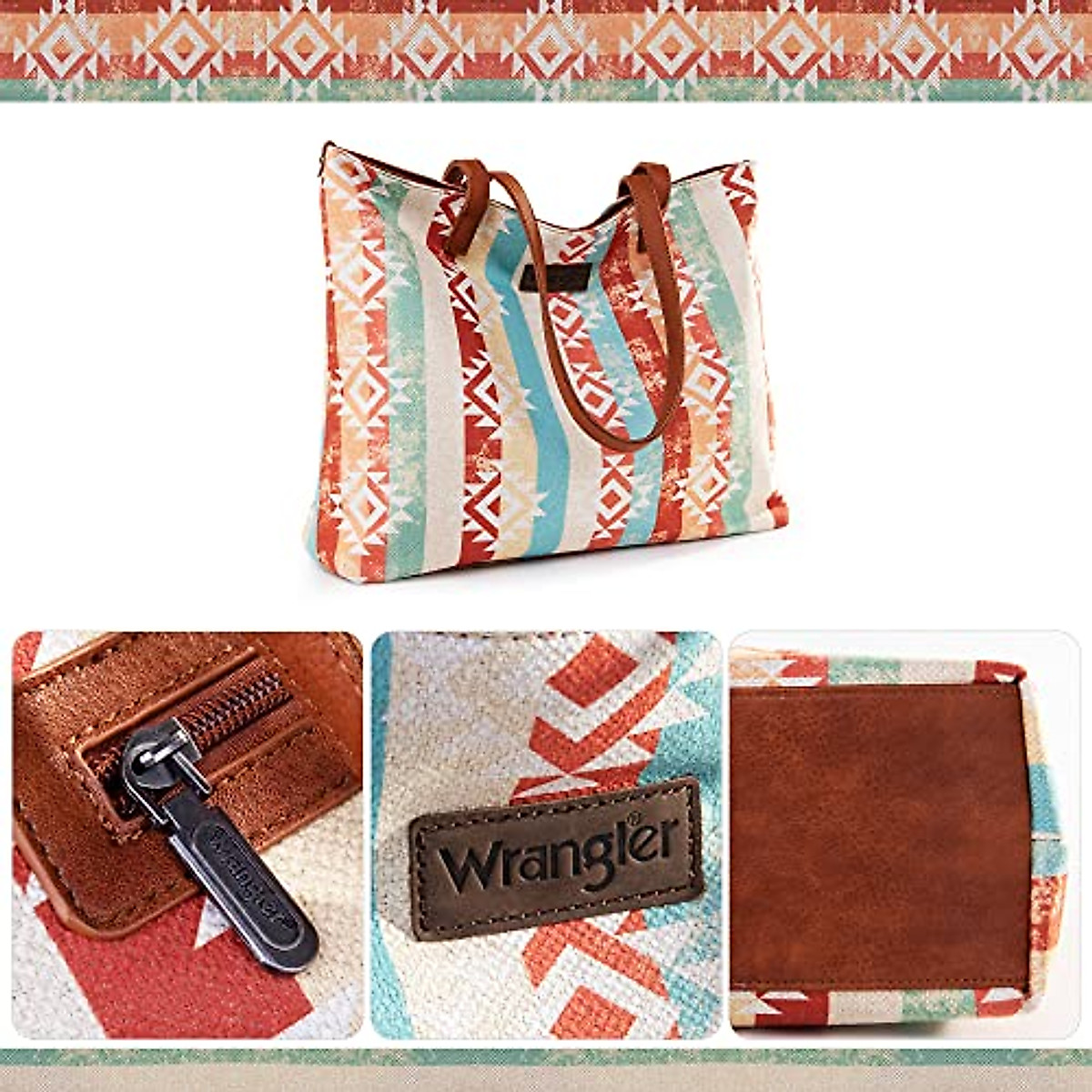 Wrangler Tote Bag for Women Aztec Printed Canvas Shoulder Handbags Large Hobo Handbags Genuine Leather Shoulder Strap,WG53-8112BR