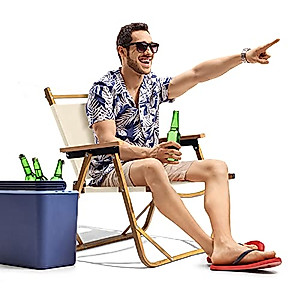 UDeuxff Beach Chair,Aluminum Frame Folding Camping Chair,Sports Chair,Portable Backpack Foldable Camping Chair with Wooden Armrests for Camping Lawn Travel Festival,Loading 100Kg (Khaki, Medium)