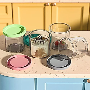 VIJIGIA Ice Cream pints Containers 4 Pack, Compatible with NC301 NC300 NC299AMZ Ice Cream Makers, Reusable, Dishwasher Safe, Airtight & Leaf-Proof, light blue/Gray/Pink/Green Lids