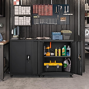 GREATMEET Metal Storage Cabinet with Wheels, Locking Cabinet with Doors and Shelf, Metal Cabinet for Tool Storage, Lockable Metal Cabinet Easy Assembled for Garage, Office, Utility Room