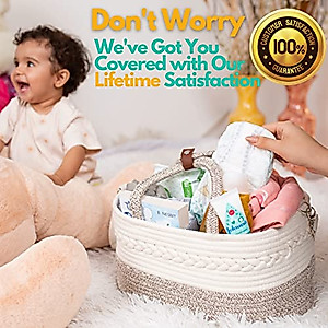 BIBSYBABY Diaper Caddy Baby Basket - 100% Cotton Rope Diaper Basket with 2 Pockets, Handle Locker and Removable Shoulder Strap - Baby Shower Bag & Baby Registry Must Haves, Brown