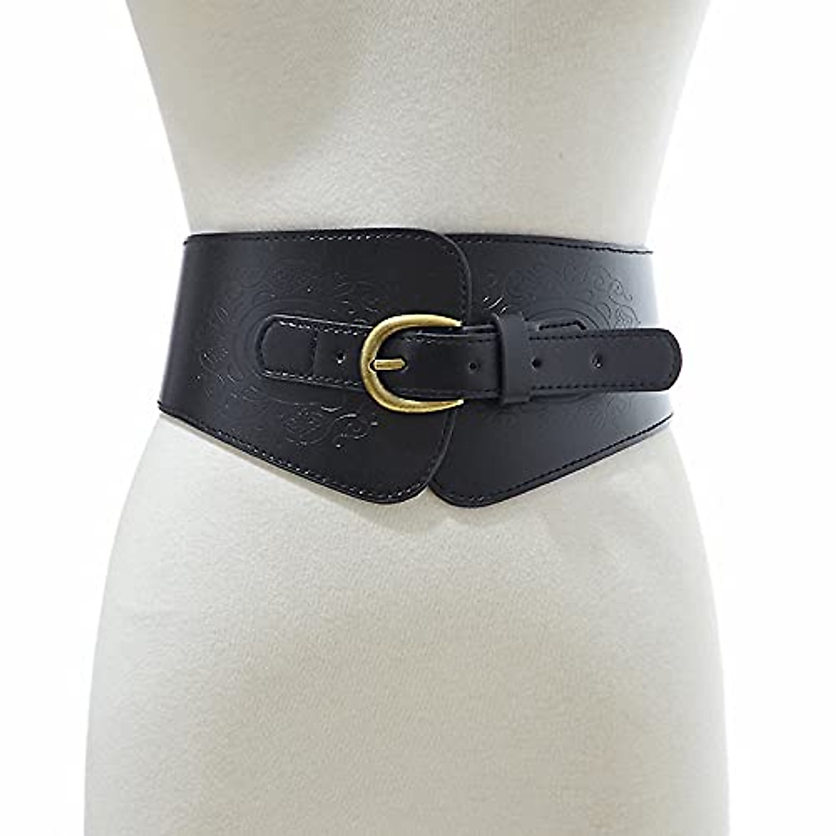 AWOCAN Women Leather PU Elastic Stretchy Corset Cinch Belt Print Retro Cinch Belt Wide Waist Belt (black)