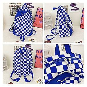 Cute Backpack Comes with Checkered Pendants for free Klein Blue Plaid Kawaii Teen (Red)