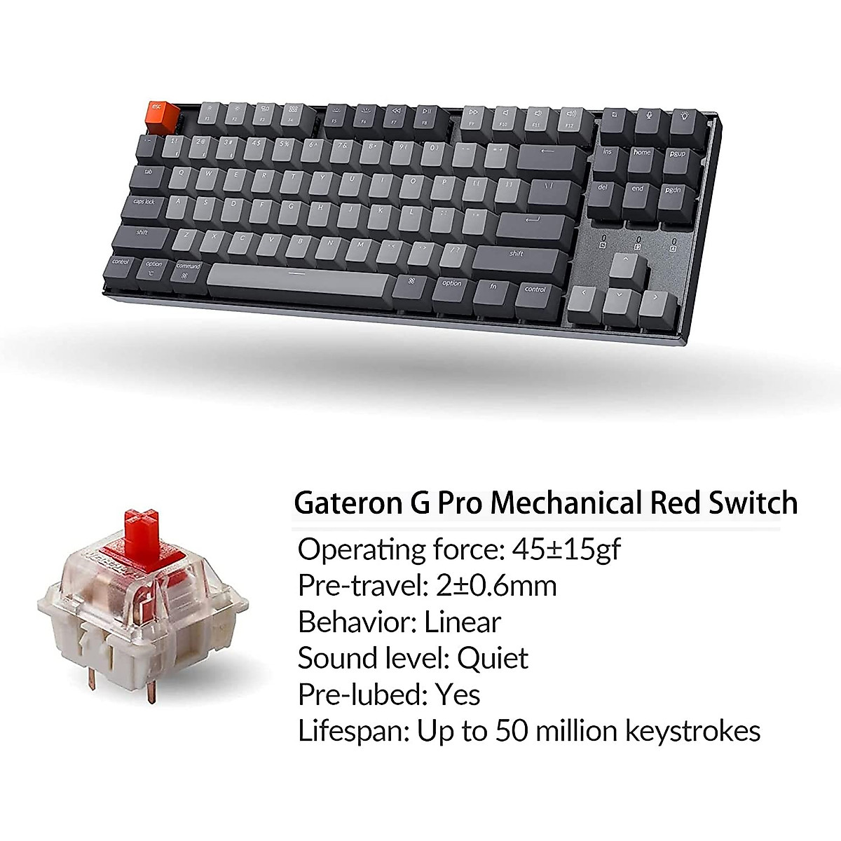 Keychron K8 80% Layout Bluetooth Wireless Mechanical Keyboard, Tenkeyless 87 Keys/USB C/White Backlit/Gateron G Pro Red Switch/N-Key Rollover, TKL Gaming Keyboard for Mac Windows