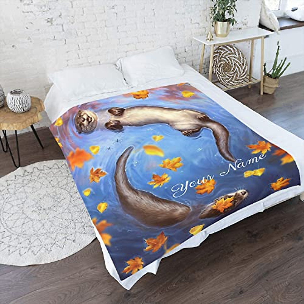 customjoy Cute Otter Personalized Throw Blanket with Name Custom Soft Cozy Throw Fleece Blankets for Couch Bed Traveling Camping Hiking Birthday Gift 50x60 Inch