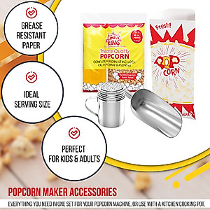 Popcorn Machine Supplies Set, 5 Bags Of Popcorn Kernels Kit (Large Butterfly Kernels, Salt Seasoning, and Popcorn Oil), 100 Popcorn Bags (1 oz. Paper), 1 Popcorn Scoop, 1 Popcorn Season Salt Shaker