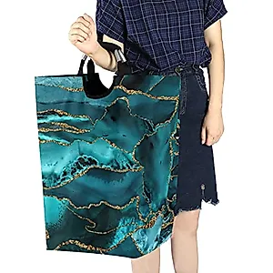 Teal Blue and Gold Laundry Basket, Waterproof Laundry Hamper, Laundry Bag with Padded Handles, Clothes Hamper Stands Up Well, Collapsible Laundry Basket Easy Storage