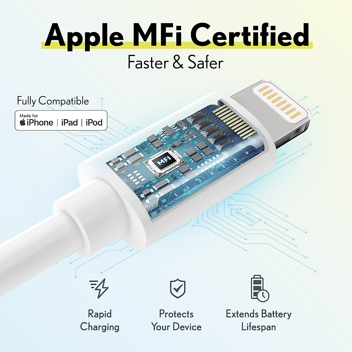 Overtime iPhone Lightning Cable, MFI Certified, Portable & Smart USB-C to Lightning Charging Cable, Fast Apple Charging Cord, 6ft iPhone Charger Cord Compatible with iPhone | iPad | iPod - White