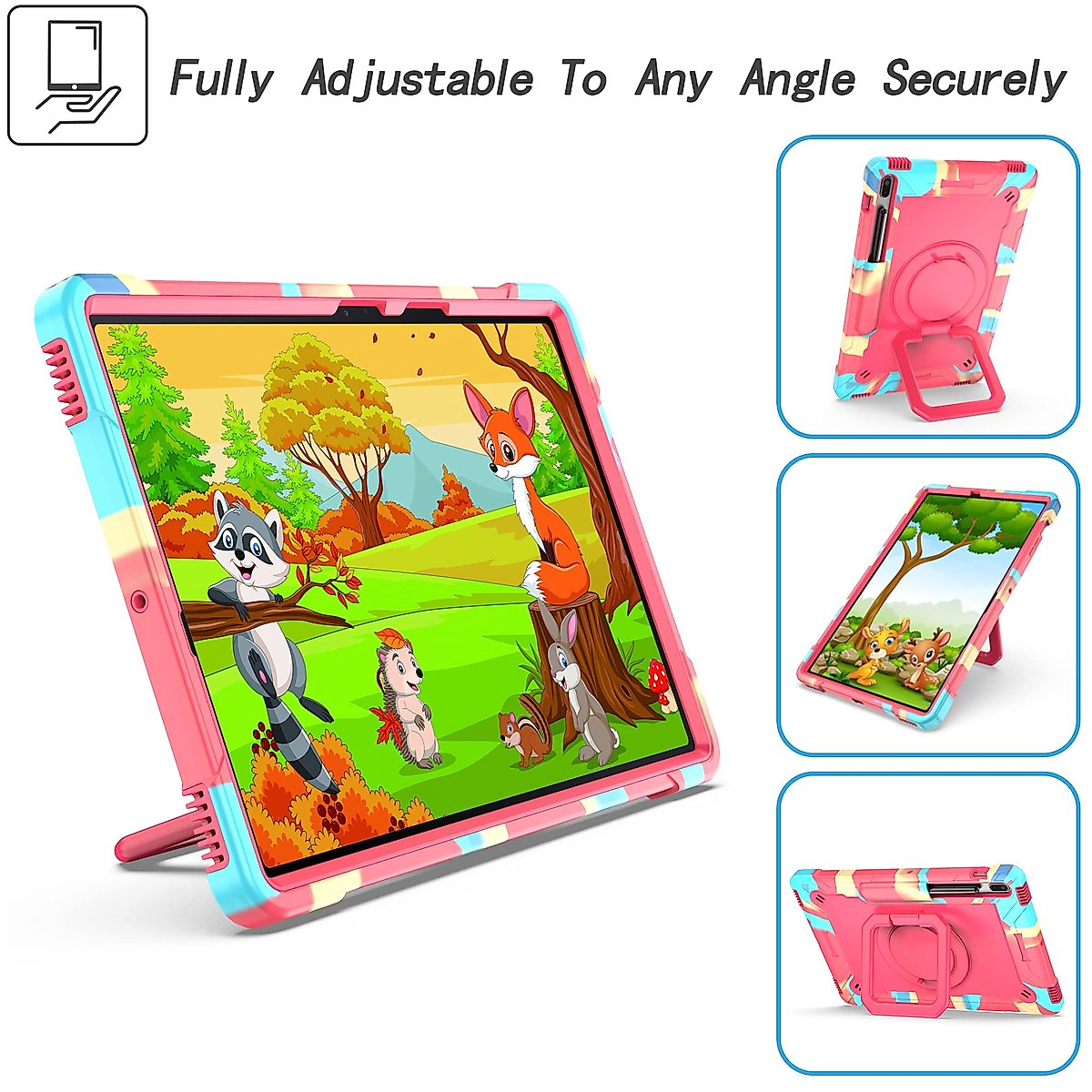 Galaxy Tab S8 Plus Case/Galaxy Tab S7 FE 5G Case Kids/Tab S7 Plus Case 12.4" SM-T738, Dteck Shockproof Case with 360°Swivel Kickstand Case for Samsung Galaxy Tab S8+/Tab S7 FE/Tab S7+, Rainbow & Rose
