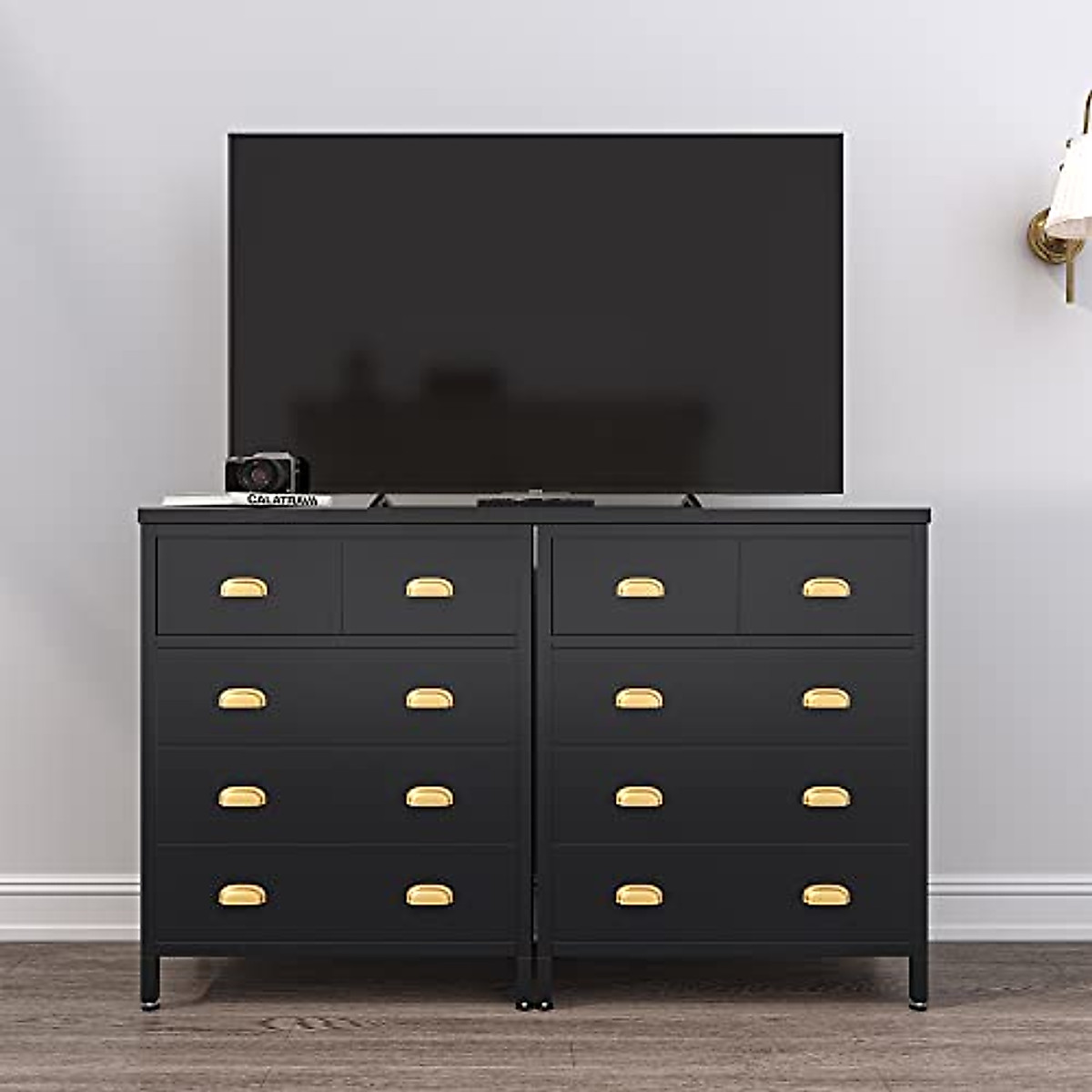 YITAHOME 5 Drawer Dresser, Metal Storage Chest of Drawers, Large Capacity Clothing Storage Organizer with Golden Handles, Tall Dresser for Bedroom, Living Room, Hallway, Entryway, Black