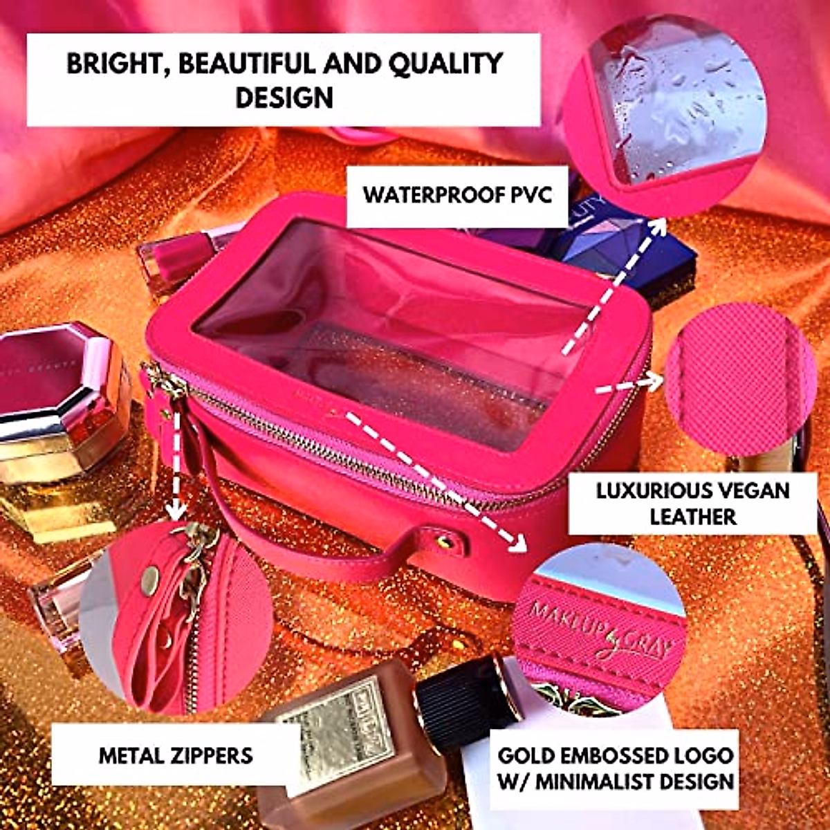 Makeup by Gray TSA Approved Toiletry Bag for Women, Clear Makeup Bag, Heavy Duty Cosmetic Bag for Traveling- Water Resistant, Luxury Vegan Leather (Hot Pink)