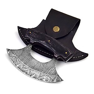 Traditional Handmade Ulu Knife of Damascus Steel - Best Alaskan Ulu Knife With leather Sheath - Multi-Purpose Mezzaluna Ulu Knife, Pizza Cutter Rocker Knife, Skinning knife, Chopping knife or Hunting knife, EC-5501