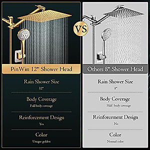 Shower Head,12'' Rain Shower Head with 11'' Adjustable Extension Arm and 5 Settings High Pressure Handheld Shower Head Combo,Powerful Shower Spray Against Low Pressure Water-Brushed Gold