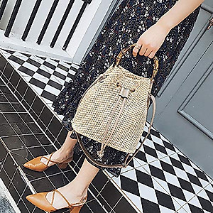 Women's Bucket Drawstring Handbag Straw Shoulder Bag Bamboo Tote Crossbody Bag Beach Bag