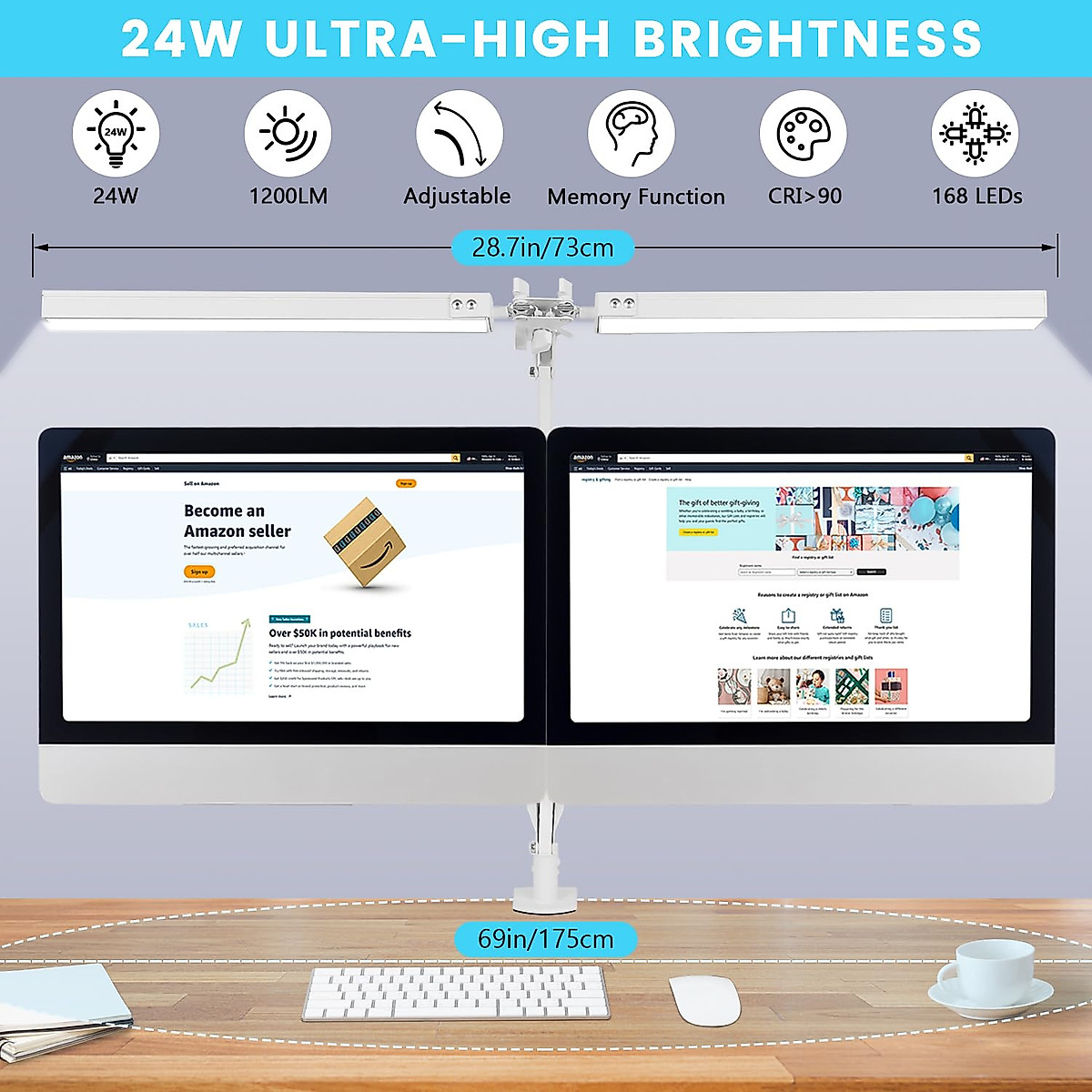 JOSTIC Double Head LED Desk Lamp with Clamp, Desk Lamps for Home Office, 5 Color Modes, 10 Brightness, Architect Task Lamp, Modern Swing Arm Workbench Office Lighting, Dimmable Brightest Light, White