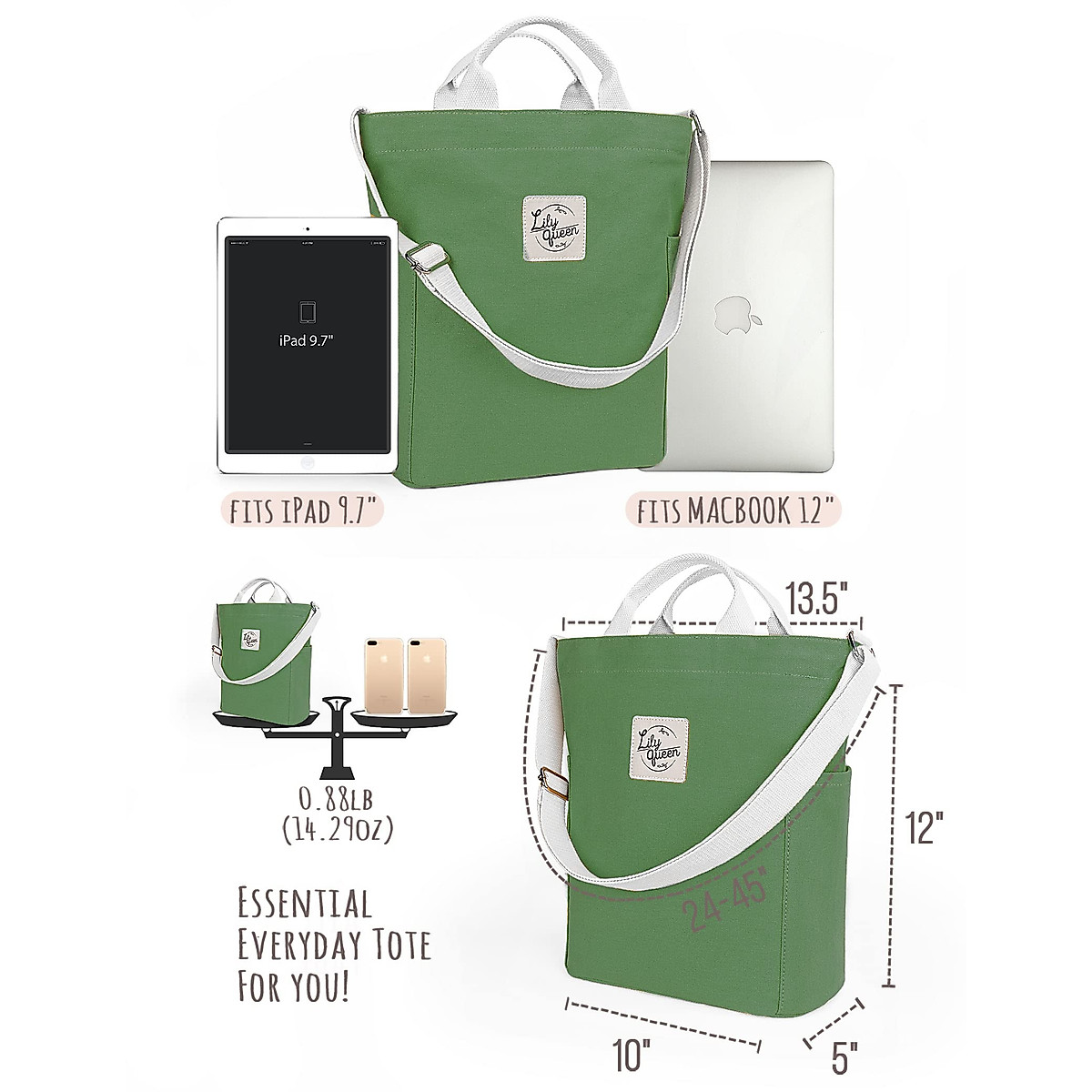 Lily queen Women Canvas Tote Handbags Casual Shoulder Work Bag Crossbody (Green)