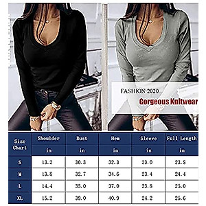 Fessceruna Womens Long Sleeve Shirts Tops Deep V Neck Ribbed Knit Fall Casual Slim Fit Basic Sexy T-Shirt 2024