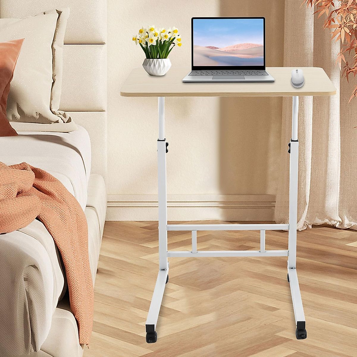 Small Standing Desk - Rolling Computer Stand with Adjustable Height - 23.62'' x 15.75'' Portable Rolling Desk Computer Desk - Laptop Desk Home Bedroom PC Table - Laptop Desk (White Maple Color)