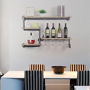 Wall Wine Rack with 4 Stem Glass Holder Wall-Mounted Wine Racks, 39.37" Industrial Pipe Shelf Wine Rack Metal Floating Bar Shelves, Farmhouse Wall Shelf Wine Holder for Kitchen Dining Room Bar