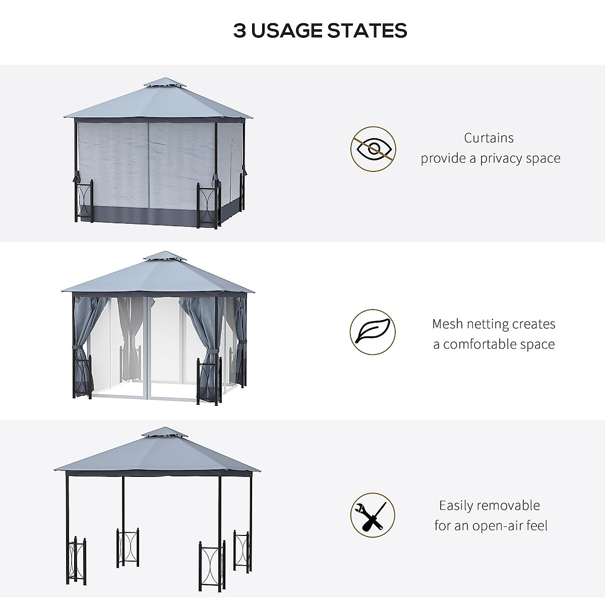 Outsunny 11' x 13' Patio Gazebo, Double Roof Outdoor Gazebo Canopy Shelter with Netting & Curtains, Steel Corner Columns for Garden, Lawn, Backyard and Deck, Gray
