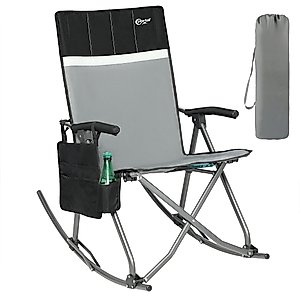 PORTAL Oversized Folding Rocking Camping Chair Portable Outdoor Rocker with High Back Hard Armrests Carry Bag, Supports 300 lbs, Padded Back, Grey
