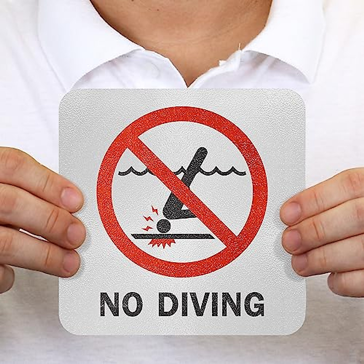 SmartSign 5.75 x 5.75 inch “No Diving” SlipSafe Adhesive Pool Safety Marker/Sign, 20 mil Thick Laminated Vinyl with Anti-Skid Pebbled Surface, Red, Black and White