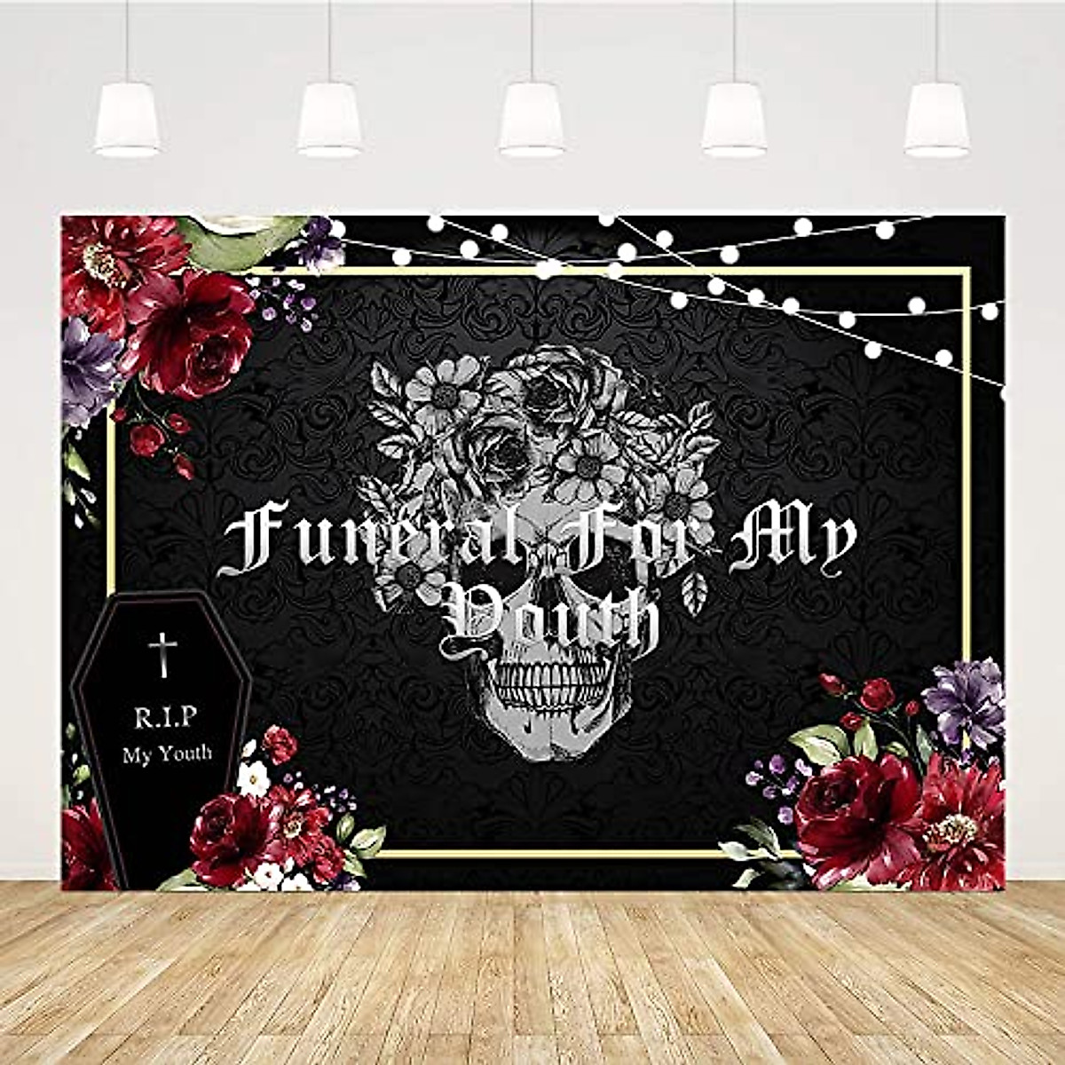 Sendy SENDY 7x5ft Funeral for My Youth Backdrop RIP to My 20s Birthday Photography Background Burgundy Red Flower Skull Tombstone Party Decoration Banner Photo Booth Props