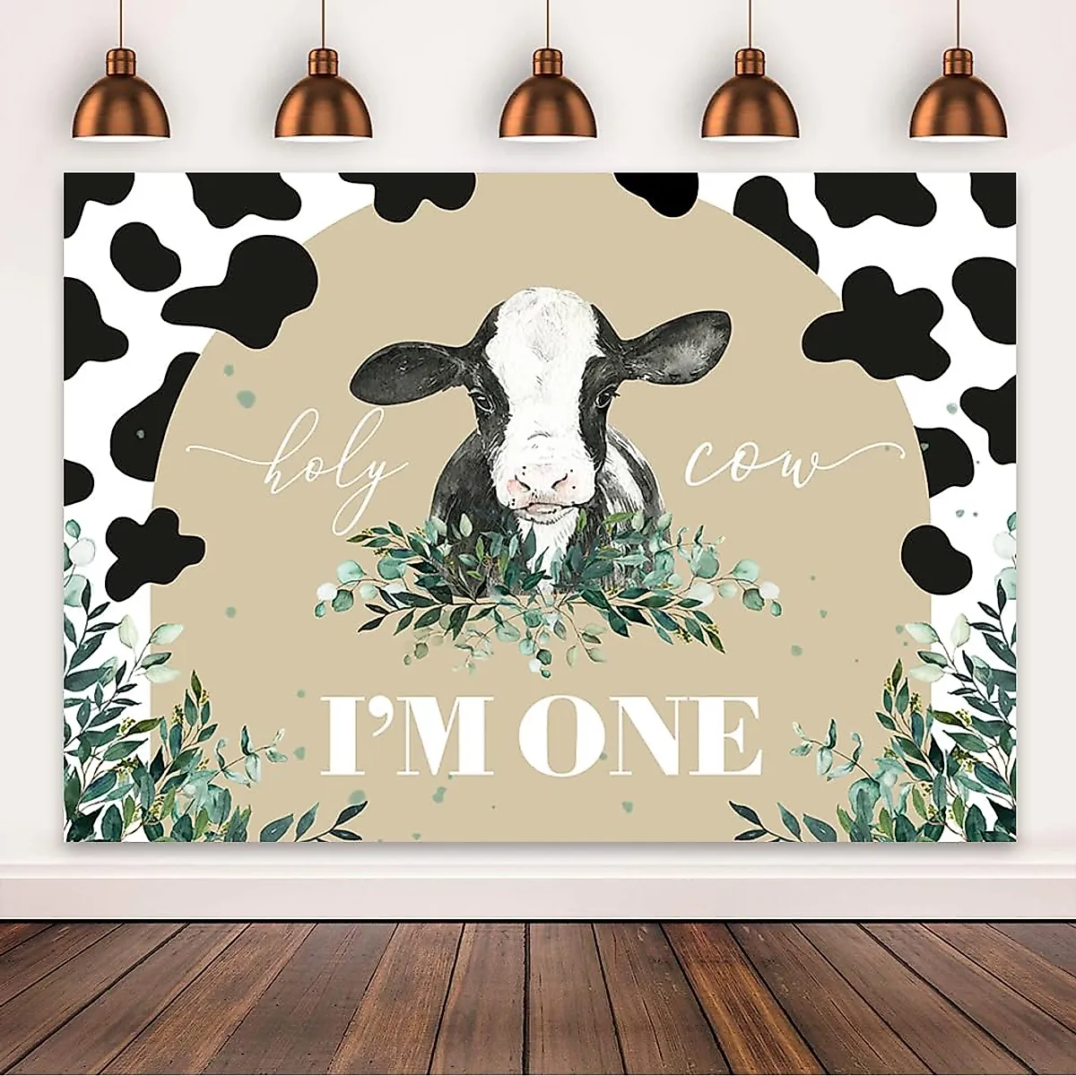 Mocsicka Holy Cow I'm One Backdrop Green Leaves Cow 1st Birthday Party Background Farm Boy Cow First Birthday Party Decorations Banner Photo Studio Props (7x5ft)