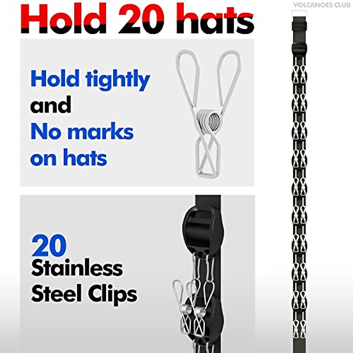 VOLCANOES CLUB Closet Oganizers and Storage - 2 Straps Hat Organizer Over The Door Storage Hanger - Baseball Caps Holder with 40 Clips, - Adjustable Closet Hook For Fitting Door Up To 93 Inch (Black)