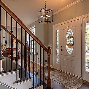 GEPOW Modern Black and Gold Chandeliers, 4 Lights Square Hanging Pendant Light Fixture with Starburst Design for Dining Room, Kitchen, Bedroom, Foyer and Living Room