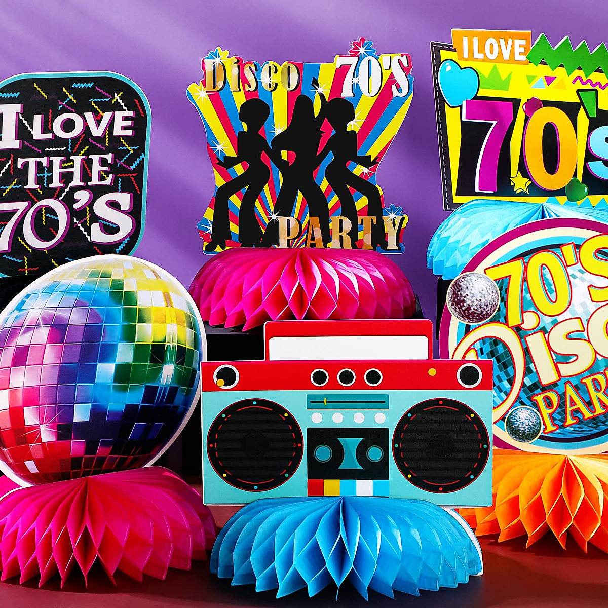 Colorful 70s Party Decorations - 9 Pcs Retro Centerpieces