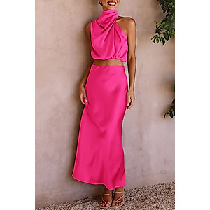 PRETTYGARDEN Women's 2 Piece Satin Outfits Summer Sleeveless Mock Neck Crop Tops and Long Skirt Dress Sets (Rose Red,Small)