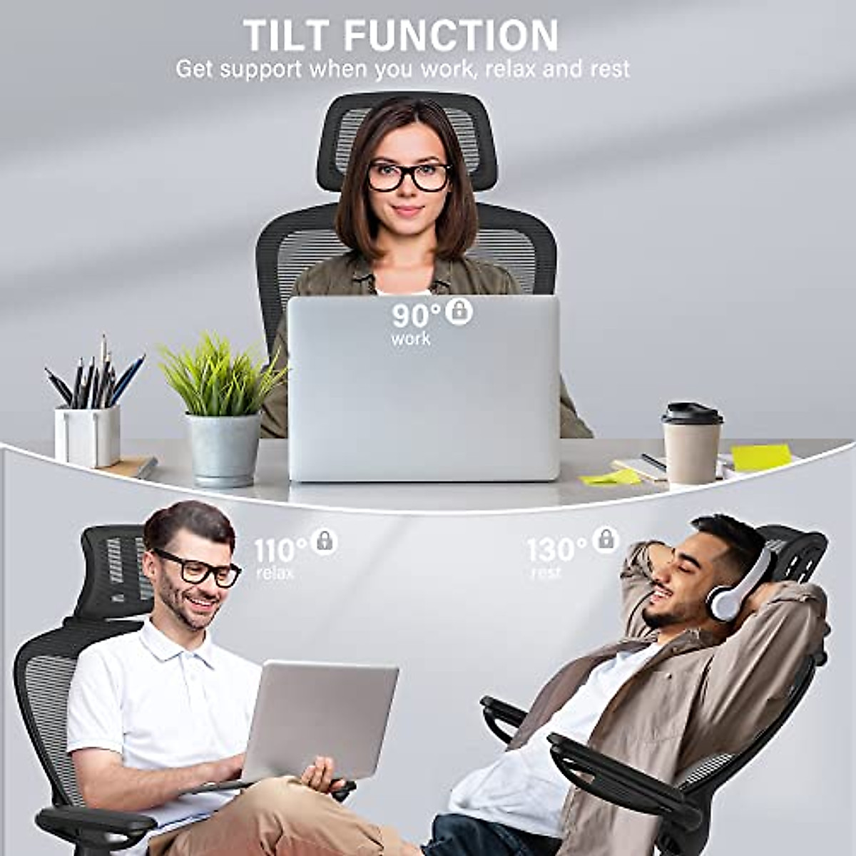 LANDOMIA Ergonomic Office Desk Chair - Mesh Office Chair with Flip up Arms & Adjustable Back Height - Comfortable Computer Task Chairs with Lumbar Support for Heavy People