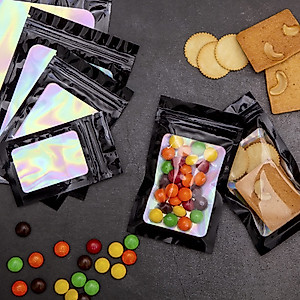 Ruiqiger 150 PCS Resealable Smell Proof Mylar Bags Food Storage Ziplock Holographic Bag Packaging Pouch Black With Window for Coffee,Electronics