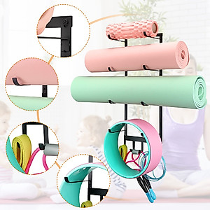 YiSeyruo Yoga Mat Holder Wall Mount: Yoga Mat Home Storage Organizer Rack Metal | Foam Roller Holder 4 Sections with 5 Hooks for Hanging Yoga Resistance Bands Equipment Accessories at Home Gym