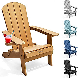 Dphroi Folding Plastic Adirondack Chair, Fire Pit Adirondack Chairs with Cup Holder, Easy Assembly Patio Adirondack Chair, Weather Resistant Outdoor Chairs for Lawn Deck Garden, Teak