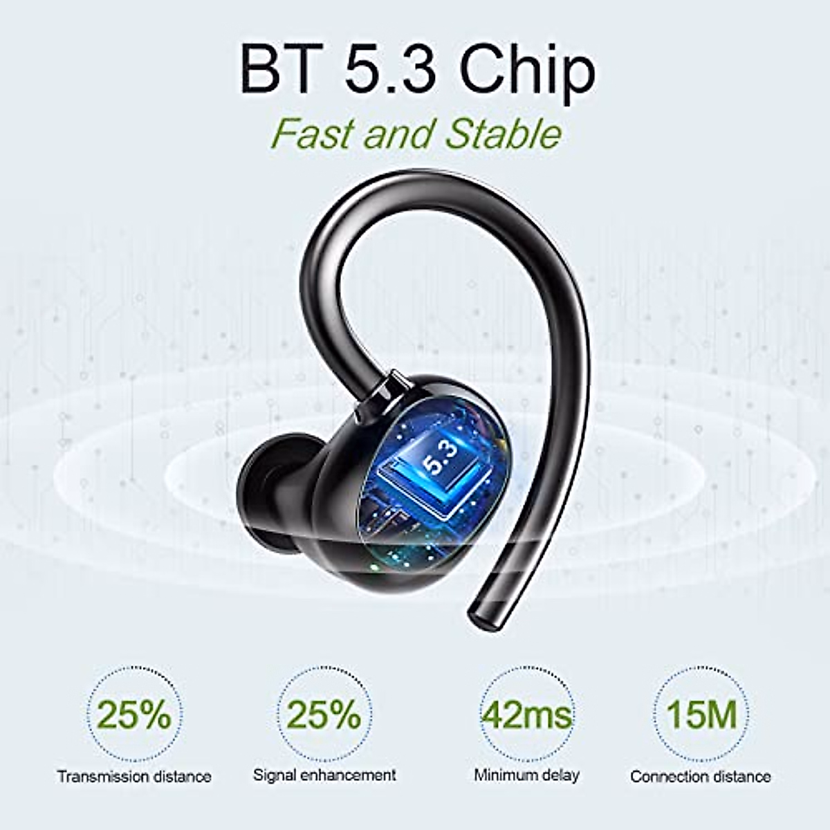 Wireless Earbud, True Bluetooth Headphones 50H Playtime, Deep Bass Bluetooth Earbud with Mic, Noise Cancelling Earphones with Earhooks, IP7 Waterproof in Ear Bluetooth Earphones for Sports/Gym, Black