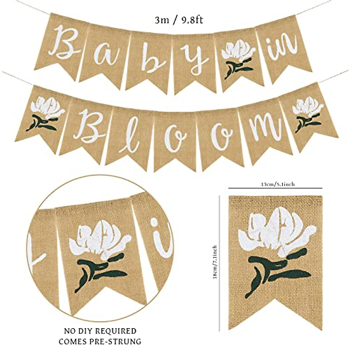 Whaline Baby in Bloom Burlap Banner with Flower, Rustic Bunting Garland for Baby in Bloom Party, Baby Shower Magnolia Floral, Spring Theme Party Mommy to Be Celebration Supplies